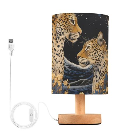 Leopard Cheetah Leaves Wood Table Lamp Usb Bedside Desk Nightstand Lamp