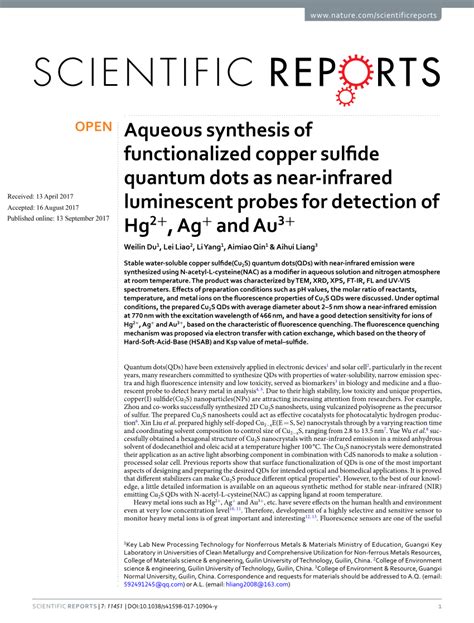 Pdf Aqueous Synthesis Of Functionalized Copper Sulfide Quantum Dots
