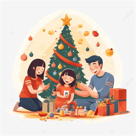 행복한 가족이 크리스마스 트리를 장식합니다 만화 평면 그림 가족 캐릭터 부모님 Png 일러스트 및 이미지 에 대한 무료 다운로드 Pngtree
