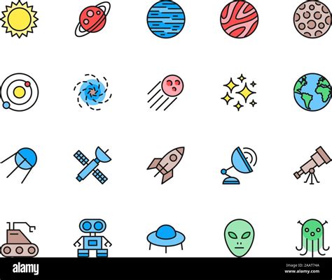 Set Of Astronomy And Space Color Line Icons Sun Solar System Galaxy