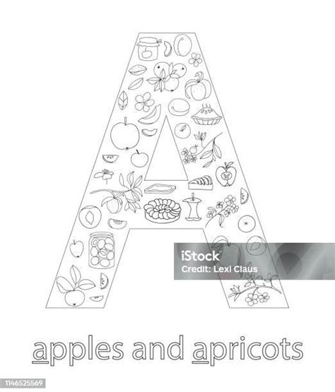 흑백 알파벳 문자 A 파 닉스 플래시 카드 만화 스타일의 사과와 살구 독서를 가르치는 귀여운 편지 A 어린이를 위한 색칠 공부