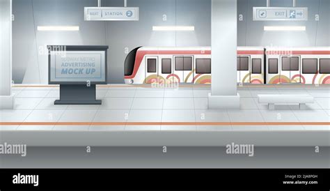 Advertising Mockup On Empty Subway Station Platform With Train In