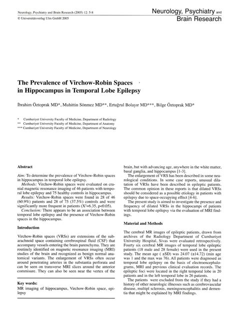 Pdf The Prevalence Of Virchow Robin Spaces In Hippocampus In Temporal Lobe Epilepsy