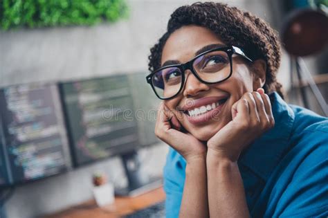 Photo Of Pretty Young Girl Dreamy Look Empty Space Coding Wear Blue Shirt Coworking Programmer