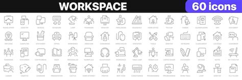 Premium Vector Workspace Line Icons Collection Office Coworking Tools Desktop Devices Icons Ui