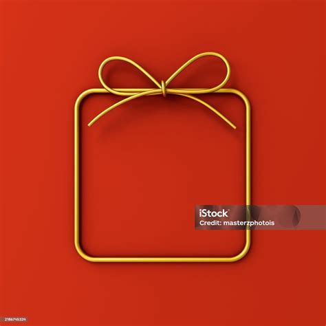 3d 골드 최소 선물 상자 프레임 제품 디스플레이 모형 진열장 또는 빨간색 현재 프레임 테두리 그림자가 있는 빨간색 배경에 고립 된 최소한의 창의적인 아이디어 개념 3d
