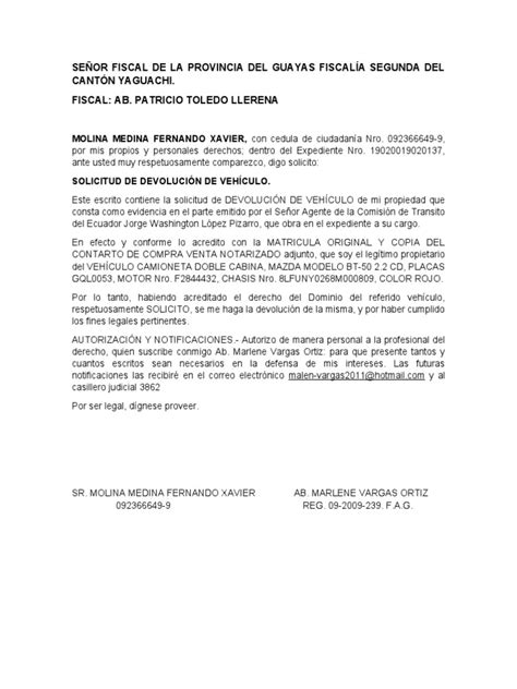 Solicitud DevoluciÓn VehÍculo Pdf