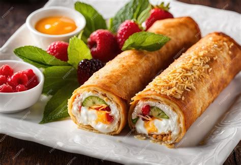 Premium AI Image | A crunchy egg roll but replace the filling with assorted fruits and whipped cream
