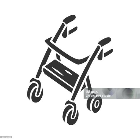 롤레이터 워커 문말 아이콘입니다 신체 장애인을위한 이동 보조 장치 연금 노인 사륜 보행 기 실루엣 기호입니다 음수 공간입니다 벡터 절연 그림 롤레이터에 대한 스톡 벡터 아트