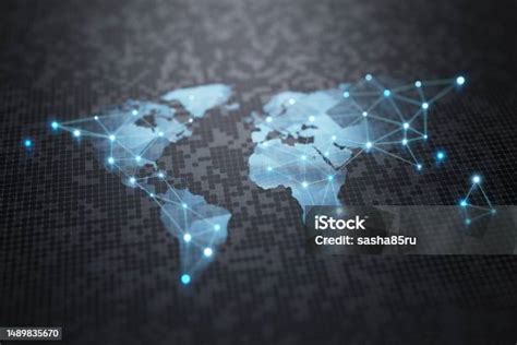 글로벌 기술 목적지 위치 개념이 있는 세계 지도 네트워크 연결 및 Gps 개념입니다 포인터가 있는 추상 세계 지도 핀 내비게이션