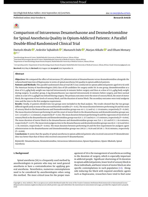 Pdf Comparison Of Intravenous Dexamethasone And Dexmedetomidine For Spinal Anesthesia Quality