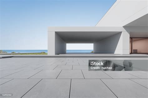 빈 콘크리트 바닥 자동차 프레젠테이션 배경이 있는 현대 건축의 3d 렌더링 차고에 대한 스톡 사진 및 기타 이미지 차고 파티오 테라스 Istock