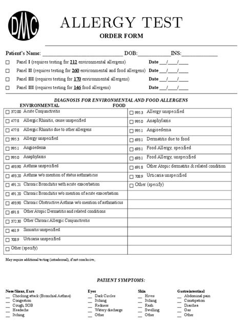 Comprehensive Allergy Testing Order Form And Results Document Pdf