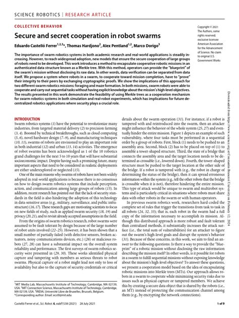 Secure And Secret Cooperation In Robot Swarms Pdf Robotics Robot