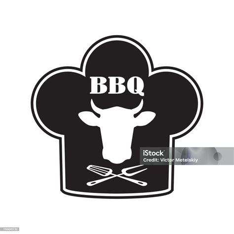 흰색 배경에 고립 된 쇠고기와 요리사 모자 엠블럼바베큐 라벨 또는 바베큐 기호 그릴 메뉴 디자인 템플릿입니다 벡터 그림입니다