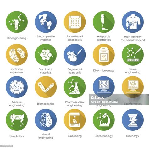 생물 공학 플랫 디자인 긴 그림자 문 양 아이콘 세트 건강 편안함을 위한 기술 질병 진단 및 치료 유전 공학 인공 지능 벡터 실루엣 일러스트레이션 생물정보학에 대한 스톡