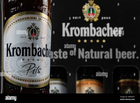 Dnipro, Ukraine, 18 oct, 2023: Krombacher Pils beer on logo background ...