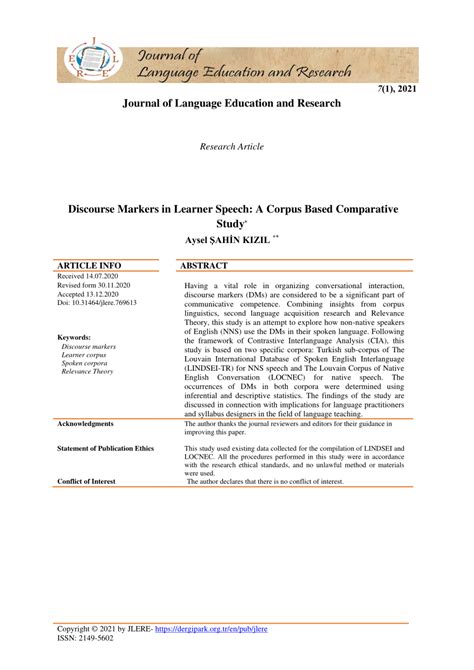 Pdf Discourse Markers In Learner Speech A Corpus Based Comparative Study