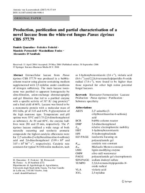 Pdf Production Purification And Partial Characterisation Of A Novel Laccase From The White