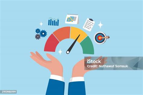 Kpi 핵심 성과 지표 성공 벤치 마크 또는 목표 달성 측정 메트릭 또는 비교 표준 우승 대상 대시 보드 개념 Kpi 성과 게이지 스케일과 사업가의 손 비즈니스 전략에 대한