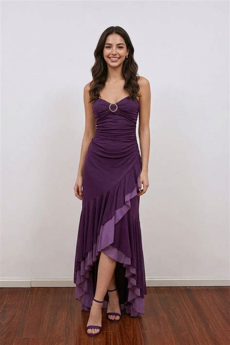 Spaghetti Strap Layered Ruffled Slit Purple Prom Dress Midi Gown Pgmdress