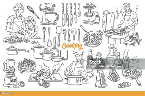 요리사와 주부 또는 맛있는 저녁 식사를 만들기 위한 주방 용품 및 장비 근처의 요리 단어 요리하기 음식 준비에 대한 스톡 벡터 아트 및 기타 이미지 요리하기 음식 준비