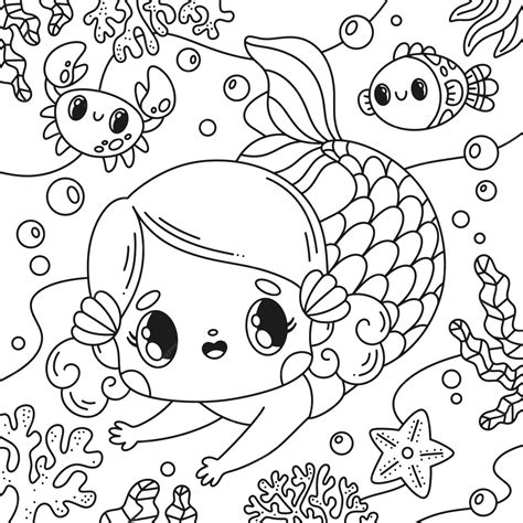 손으로 그린 인어 색칠하기 책 그림 무료 벡터