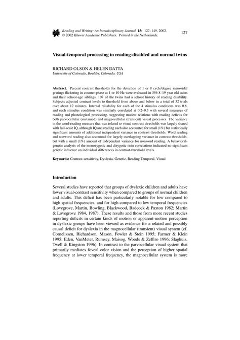 Pdf Visual Temporal Processing In Reading Disabled And Normal Twins