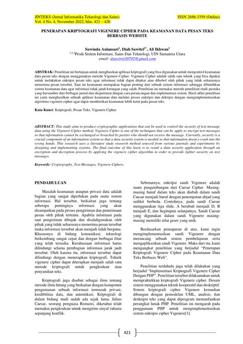 Pdf Penerapan Kriptografi Vigenere Cipher Pada Keamanan Data Pesan Teks Berbasis Website