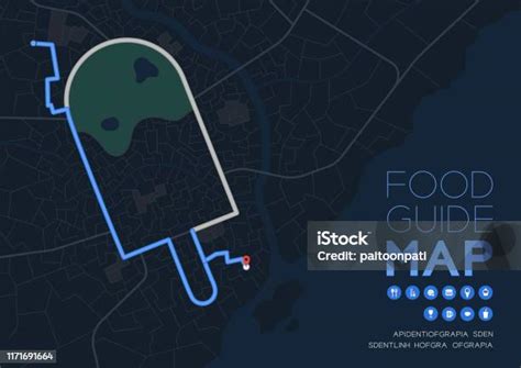 음식 및 디저트 가이드 방향지도 여행 아이콘 개념 아이스크림 아이스캔디 스틱 모양 포스터 와 소셜 배너 포스트 디자인 야간 모드