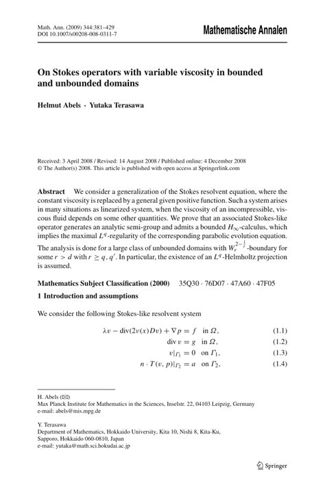 Pdf On Stokes Operators With Variable Viscosity In Bounded And Unbounded Domains