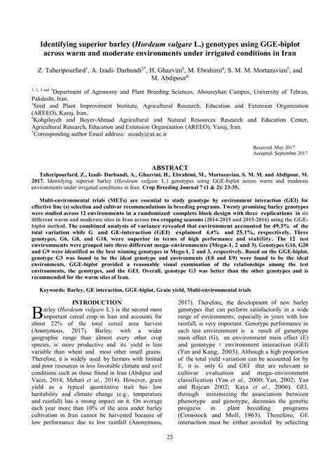 Pdf Identifying Superior Barley Hordeum Vulgare L Genotypes Using Gge Biplot Across Warm