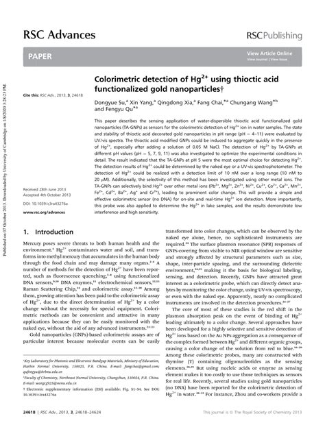 Pdf Colorimetric Detection Of Hg2 Using Thioctic Acid Functionalized Gold Nanoparticles