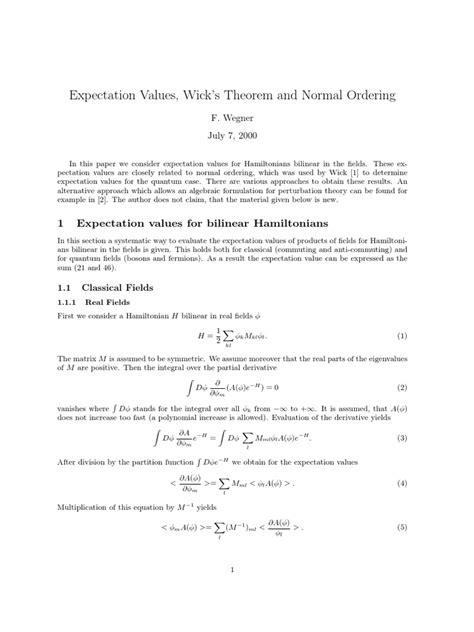 Expectation Values Wicks Theorem And Normal Ordering Pdf Abstract
