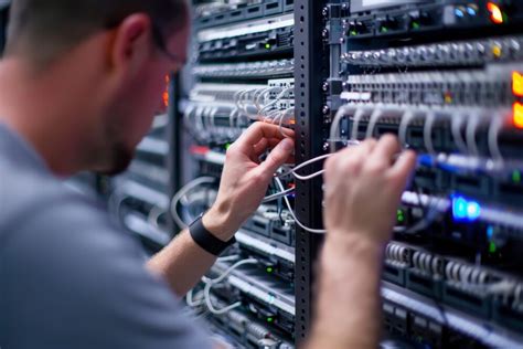 A Man Is Seen Working On A Server In A Server Room Configuring Network Security Settings A