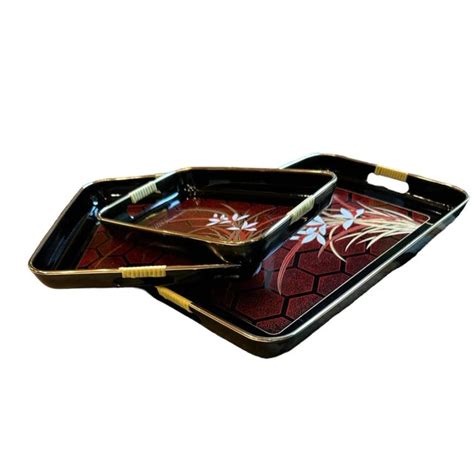 1980s Vintage Japanese Nested Black Lacquerware Trays Hand Decorated
