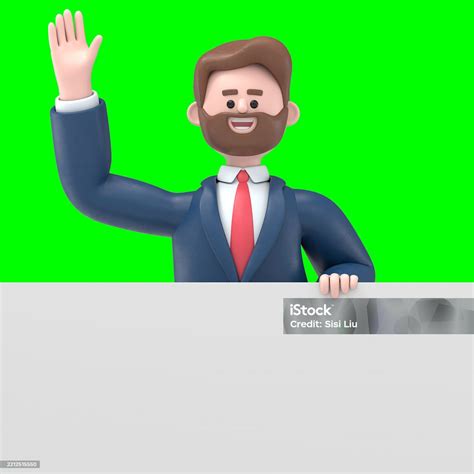 수염을 기른 미국 사업가 밥의 3d 일러스트레이션은 손을 들고 푸티지와 클리핑 경로를 위해 그린 스크린에서 빈 Poster3d 렌더링 뒤에 서 있습니다 가공의 인물에 대한