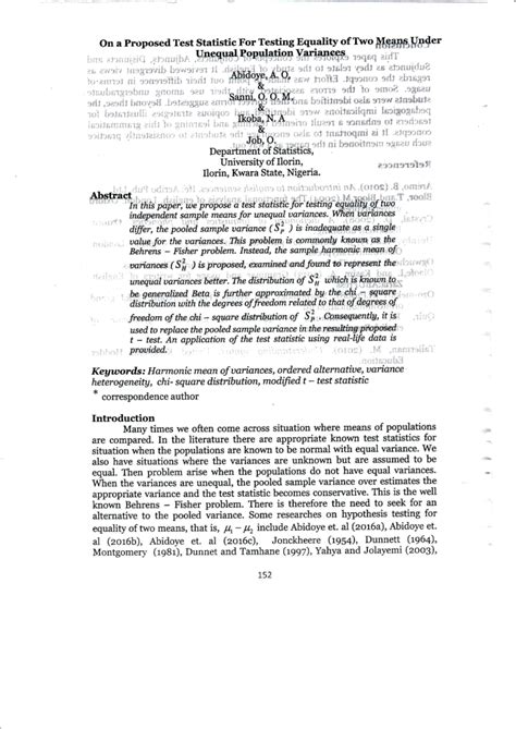 Pdf On A Proposed Test Statistic For Testing Equality Of Two Means Under Unequal Population