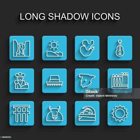 세고비아 황소 알가르 폭포 콘서트 홀 드 테네리페 태양 스페인 모자 달리 박물관과 지도 스페인 아이콘의 세트 라인 수로 벡터 건축에 대한 스톡 벡터 아트 및 기타 이미지