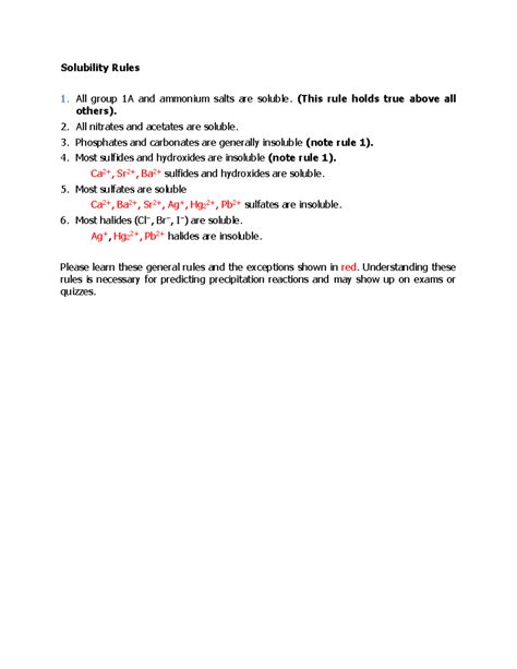 Solubility Rules Handout Solubility Rules All Group 1a And Ammonium Salts Are Soluble This