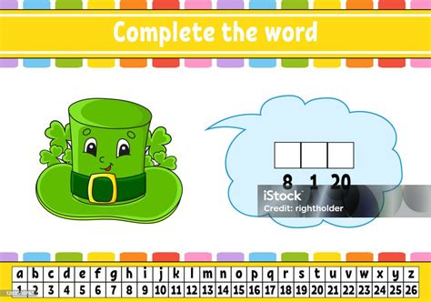 단어를 완성합니다 암호 코드입니다 레프렌 모자 어휘와 숫자를 학습 교육 워크 시트 영어 공부를 위한 활동 페이지 격리된 벡터
