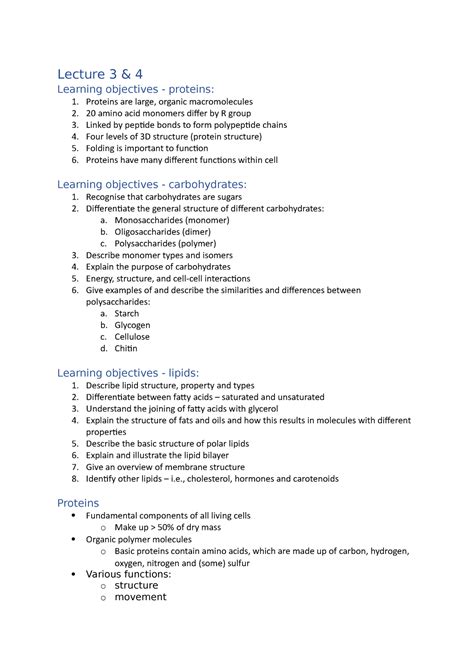 Lecture 3 4 Objectives Lec 3 Notes On Proteins Lecture 3 And 4 Learning Objectives Proteins