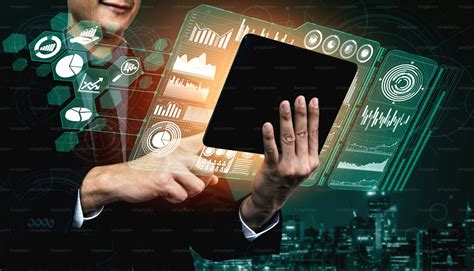 비즈니스 금융 분석 개념을 위한 빅 데이터 기술 현대 그래픽 인터페이스는 화면 모니터에 비즈니스 판매 보고서 이익 차트 및 주식 시장 동향 분석의 방대한 정보를 보여