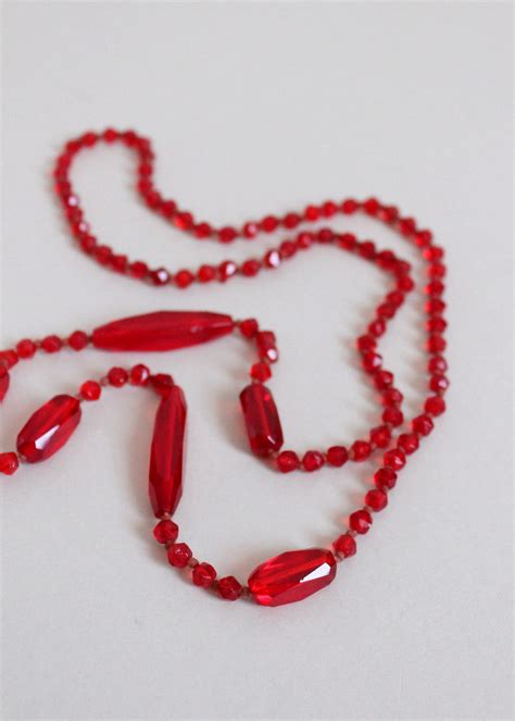 Vintage 1920s Ruby Red Glass Long Sautoir Flapper Necklace Raleigh