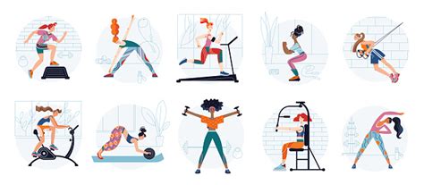 체육관 세트에있는 여성의 스포츠 신체 운동 스포츠웨어 훈련 몸에 활동적인 소녀 가냘픈에 대한 스톡 벡터 아트 및 기타 이미지 가냘픈 강사 개념 Istock