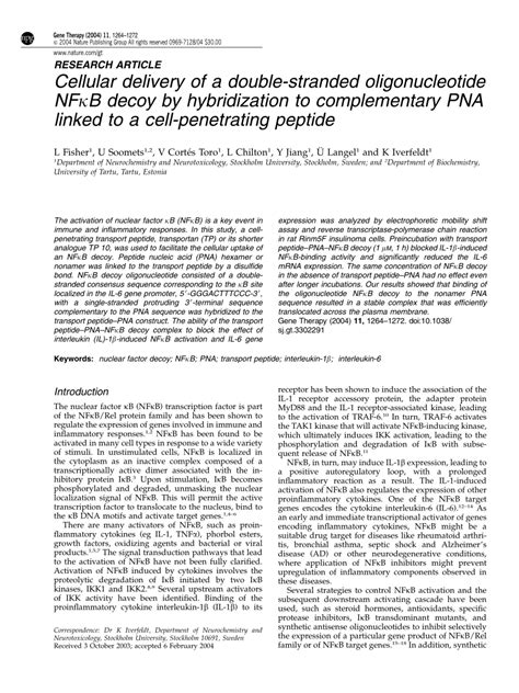 Pdf Cellular Delivery Of A Double Stranded Oligonucleotide Nfb Decoy