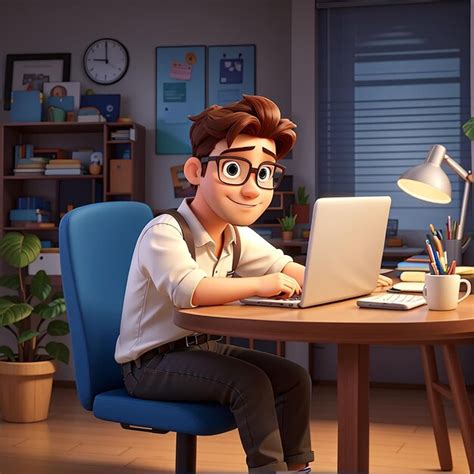 premium ai image cartoon character sits at the table with a laptop