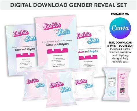 Gender Reveal Invitation Chip Bag Bundle Template Barbi Theme Party