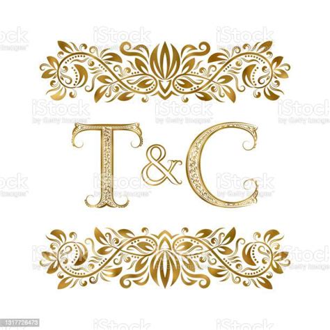 T 와 C 빈티지 이니셜 기호 문자는 장식 요소로 둘러싸여 있습니다 결혼식 또는 비즈니스 파트너 로얄 스타일의 모노그램 결혼식에 대한 스톡 벡터 아트 및 기타 이미지