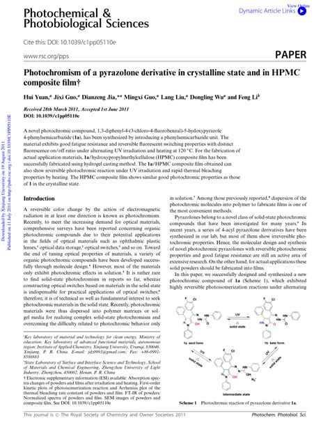 Pdf Photochromism Of A Pyrazolone Derivative In Crystalline State And